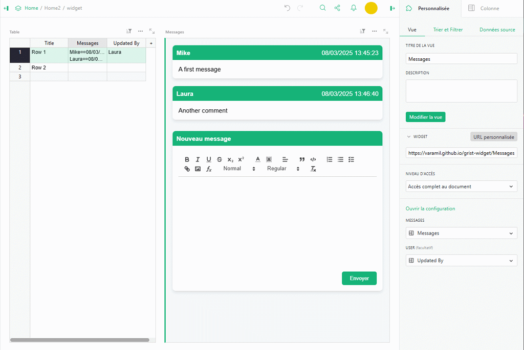 Simple in-row chat like widget - Showcase - Grist Creators